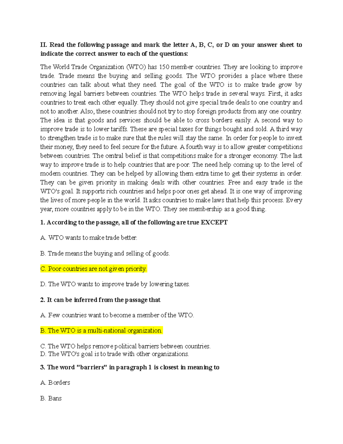 WTO Trade Improvement Strategies - II. Exam Questions & Answers - Studocu