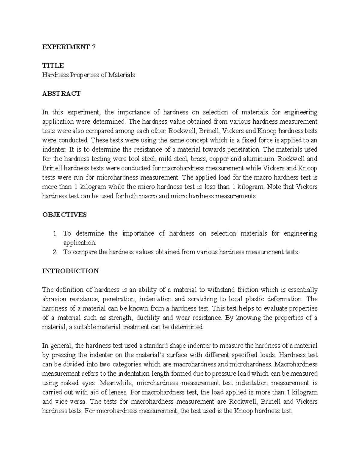 Lab Report - Hardness Testing of Materials (ENG 101) - Studocu