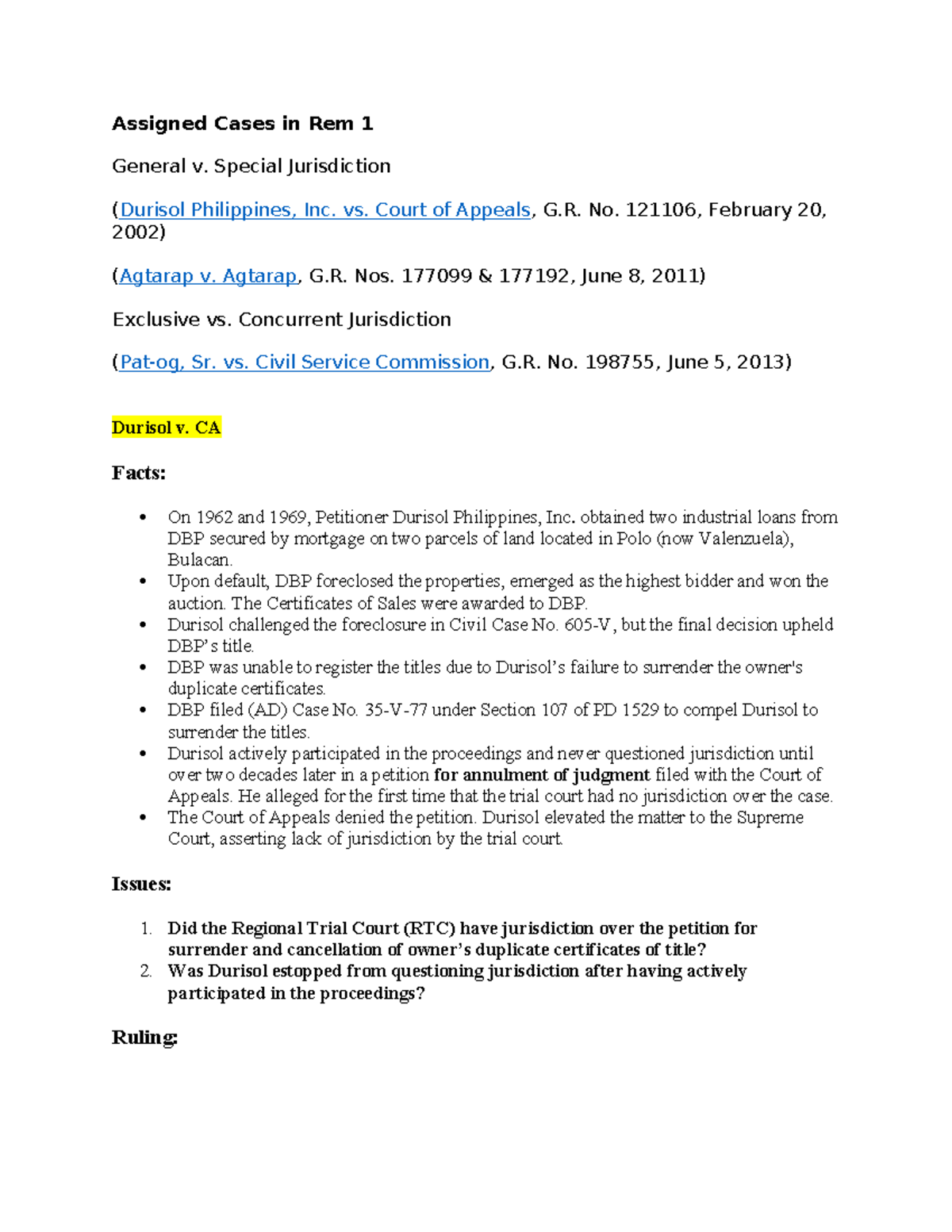 Assigned Cases on Jurisdiction: Durisol v. CA & Agtarap v. Agtarap ...
