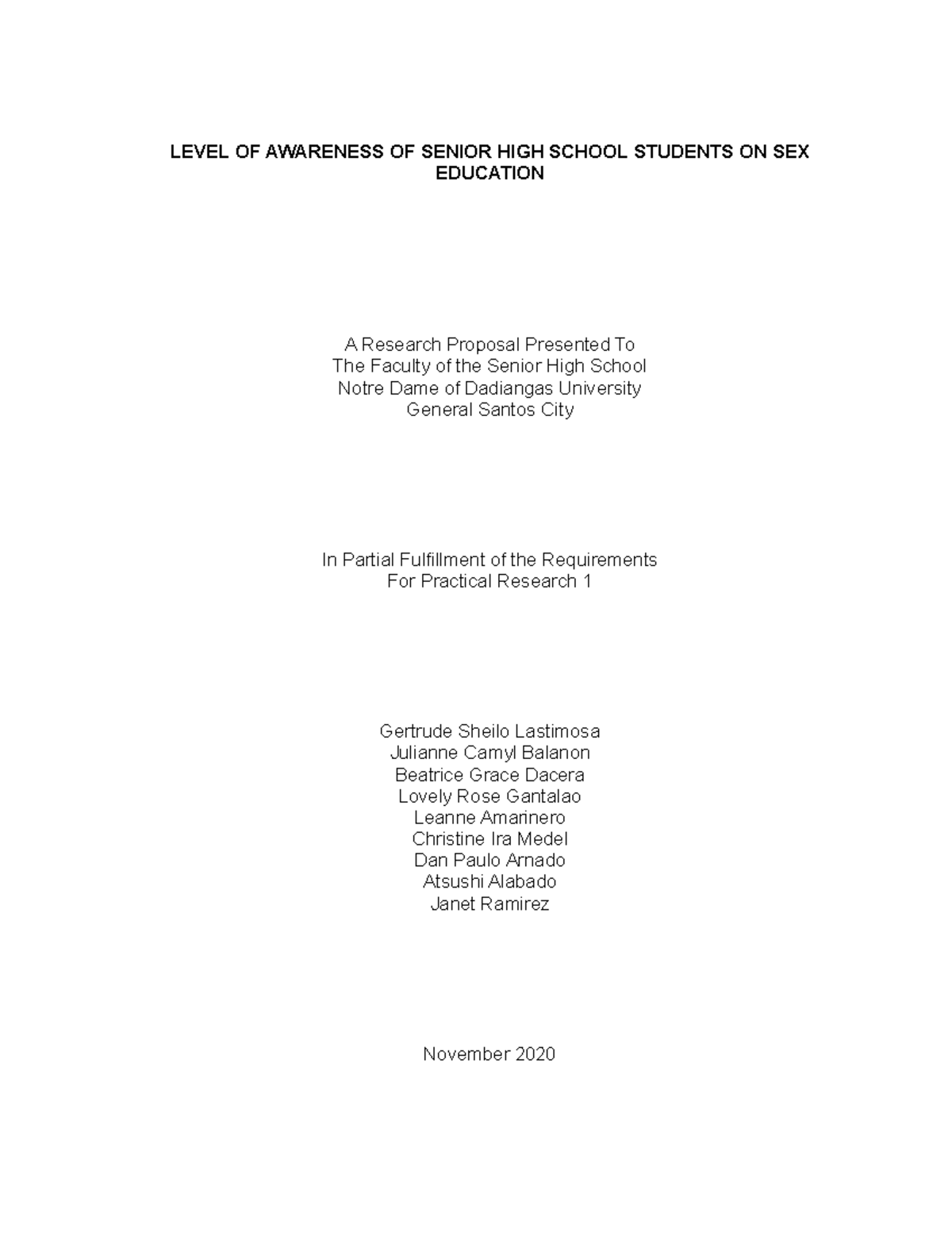 Senior High School Students' Awareness Level on Sex Ed: A Study - Studocu