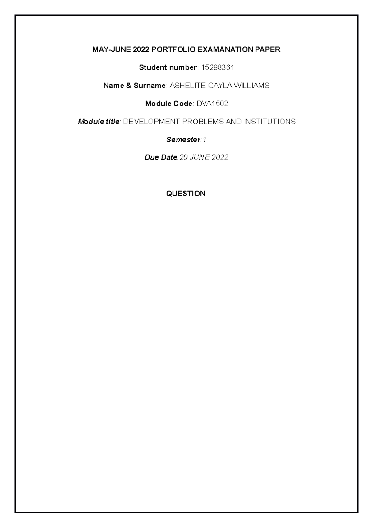 DVA1502 Portfolio Exam Paper - Essay on Development Challenges - Studocu