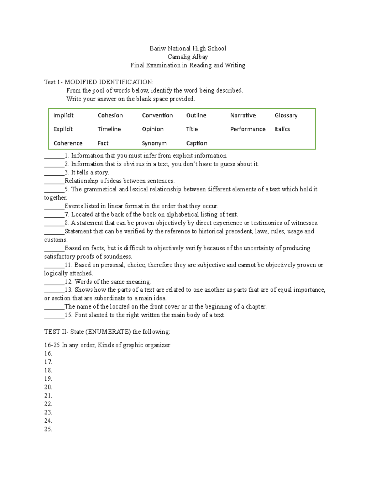 Final Exam in Reading and Writing (RH 101) - Comprehensive Review - Studocu