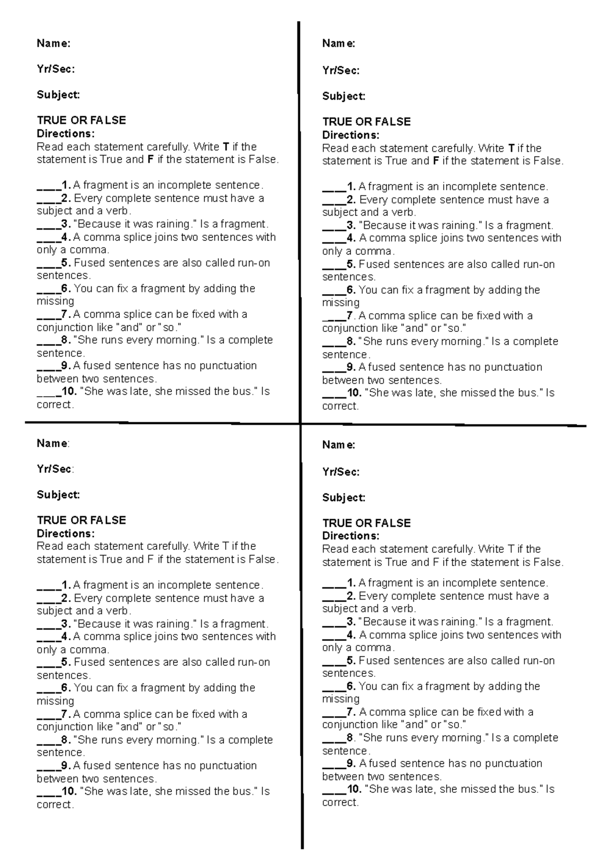 Eng 2 Quiz: True or False Statements on Sentence Structure - Studocu