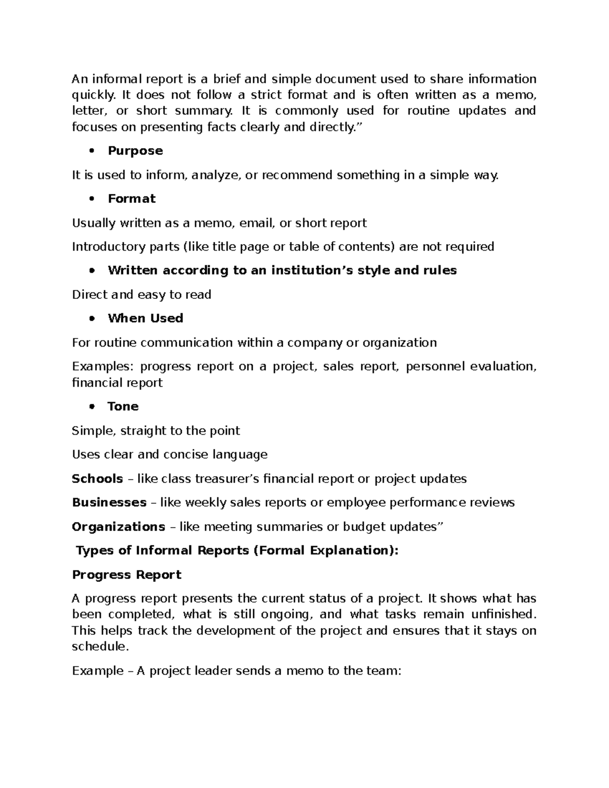 Informal Reports Overview - Purcommunication Lectures - Studocu