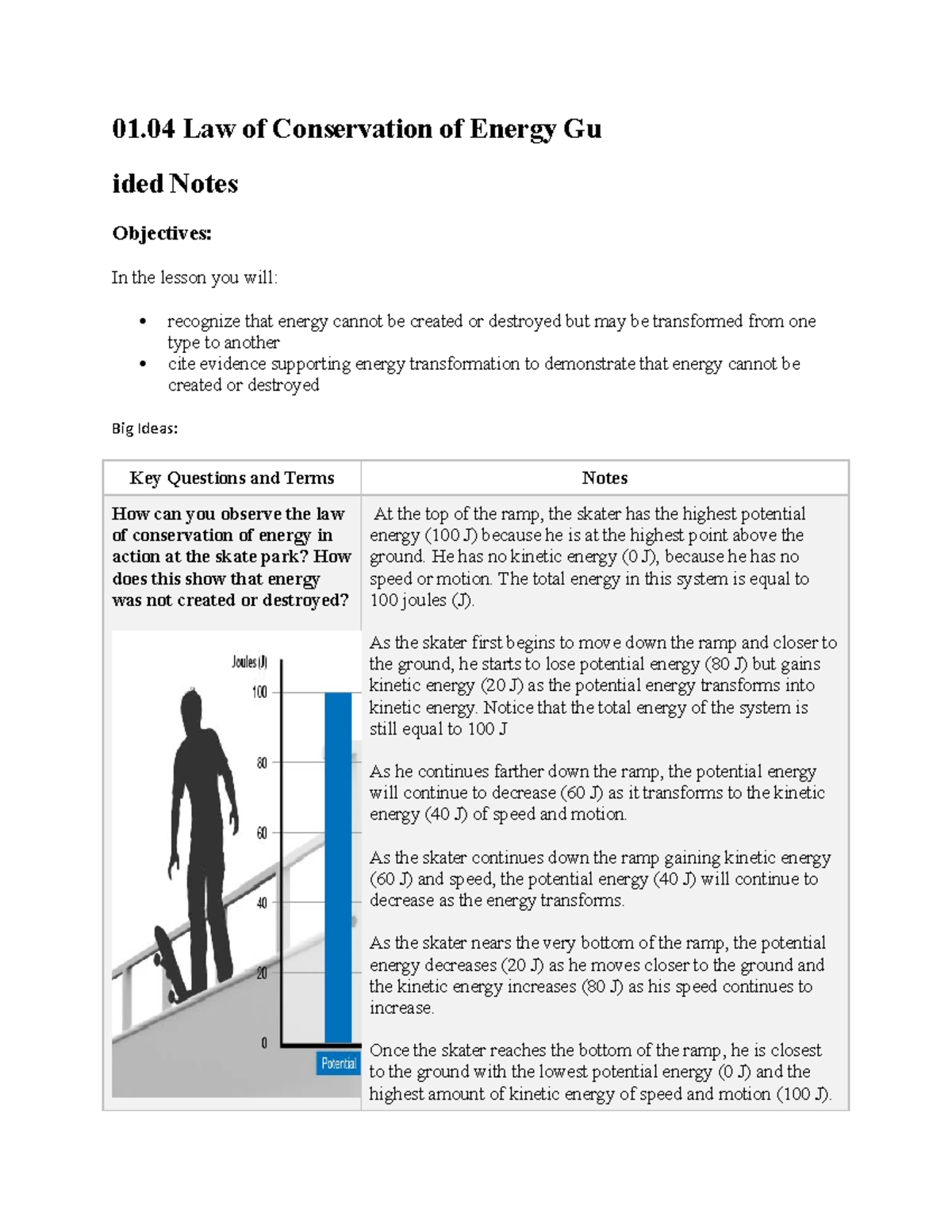 01.04 Guided Notes on the Law of Conservation of Energy - Studocu