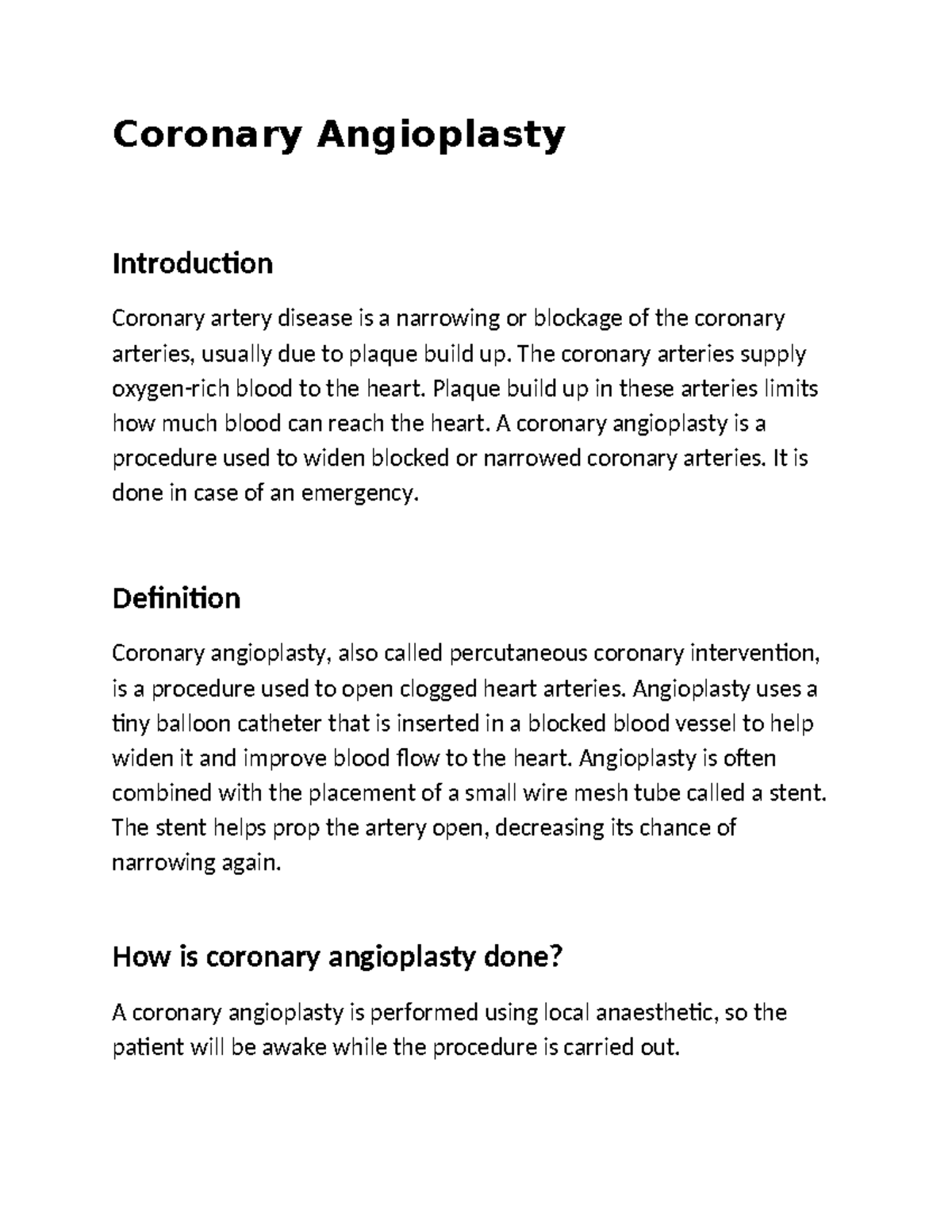 Coronary Angioplasty - Essay Notes on Procedure and Aftercare - Studocu