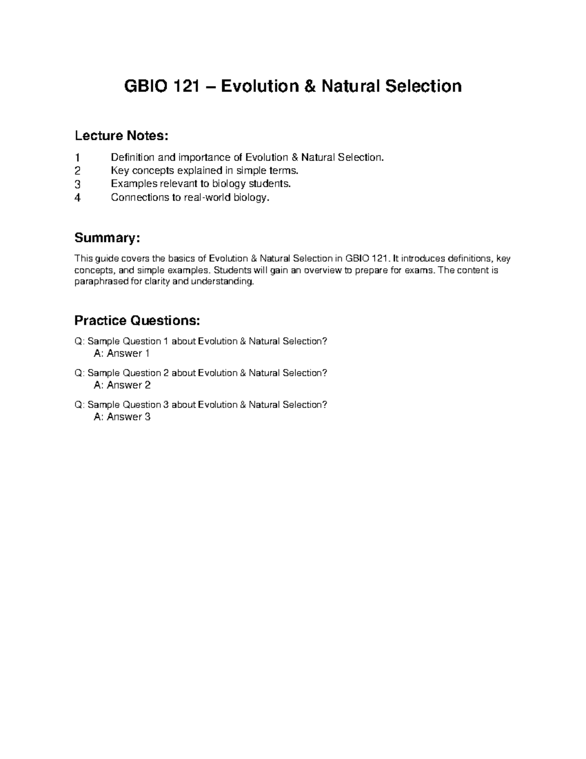 GBIO 121 Evolution & Natural Selection Lecture Notes: Key Concepts ...