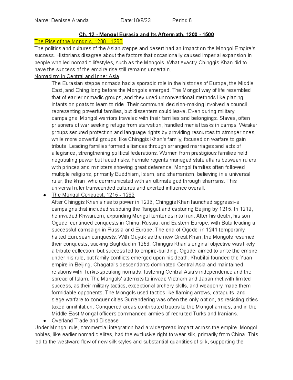 Ch. 12 - Mongols: Guided Reading on Their Rise and Impact - Studocu