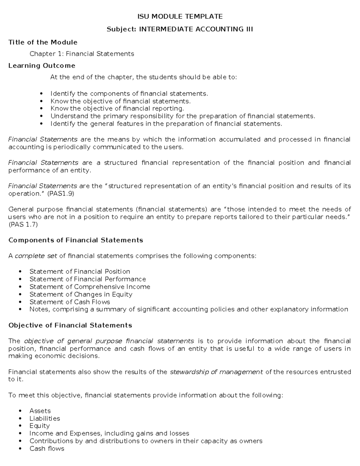 Chapter-1 - Hhabsgshshahwh - ISU MODULE TEMPLATE Subject: INTERMEDIATE ...