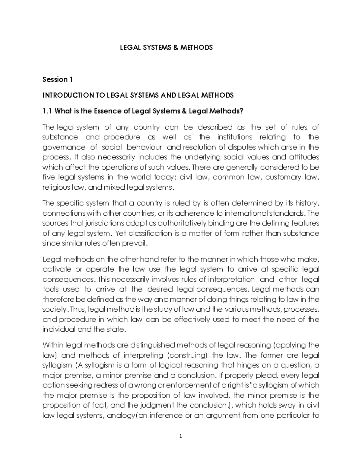 Legal Systems Methods (JF) Session 1: Intro to Legal Systems & Methods ...