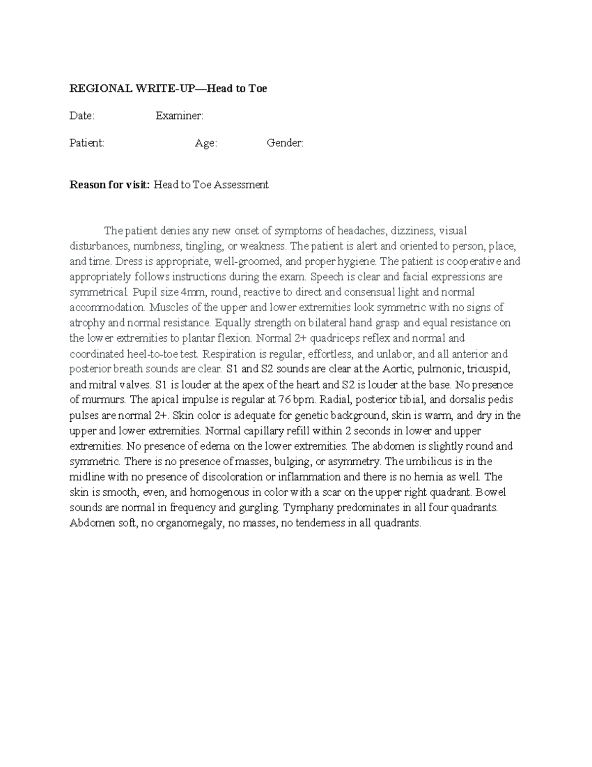 Regional Assessment Report: Comprehensive Head to Toe Exam - Studocu