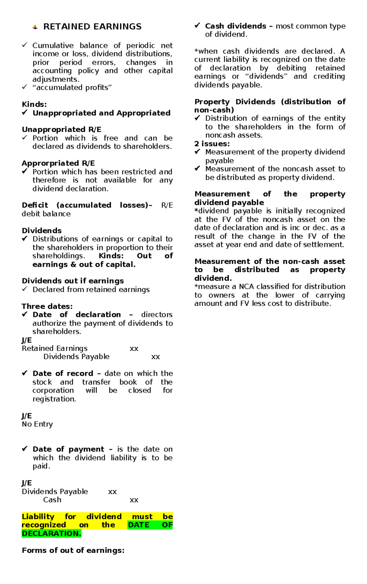 RETAINED EARNINGS: Understanding Cash Dividends and Their Types - Studocu