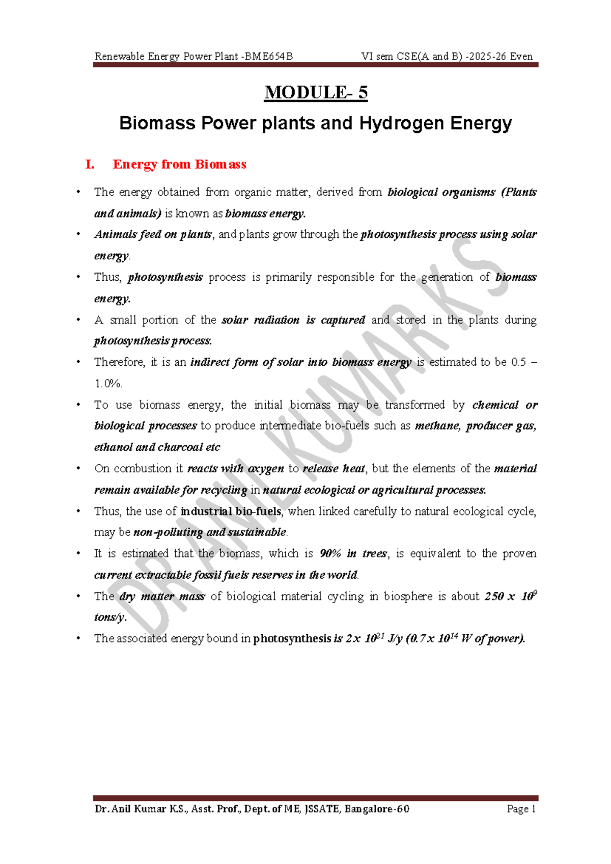 Updated Notes on Biomass & Hydrogen Energy - VI Sem CSE(A & B) - Studocu