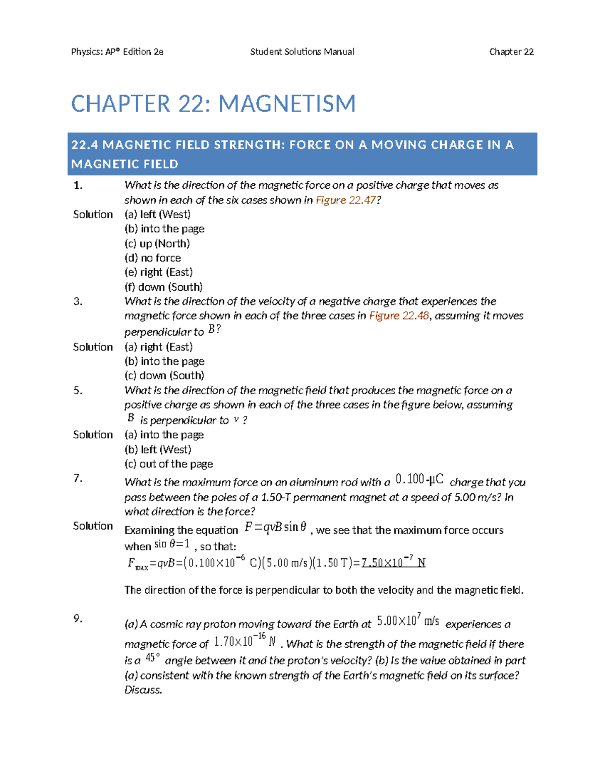 AP College Physics: Student Solutions Manual for Magnetism (Chapter 22 ...
