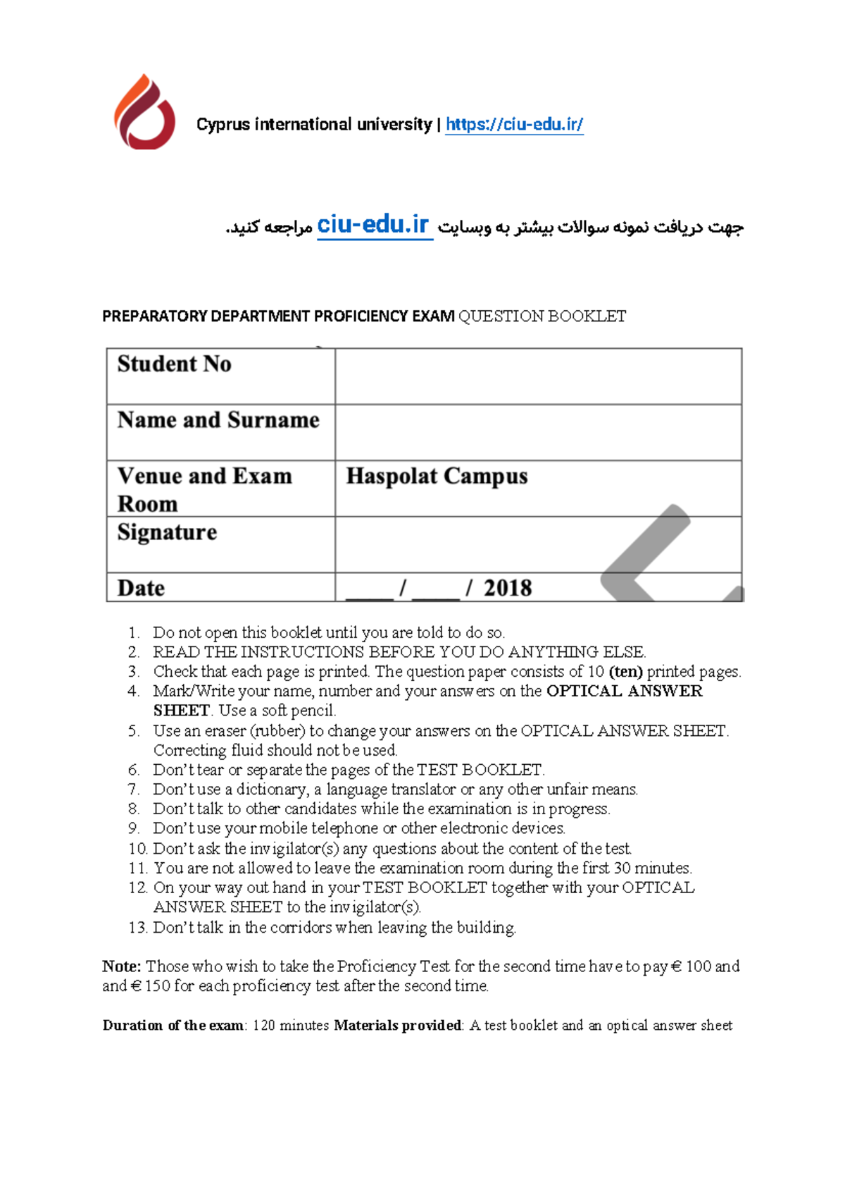 CIU Proficiency Exam Sample Booklet: Grammar, Vocabulary & Error ...