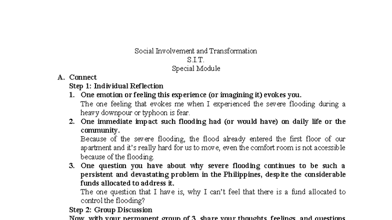 Social Involvement and Transformation S.I.T. Reflection on Flooding ...