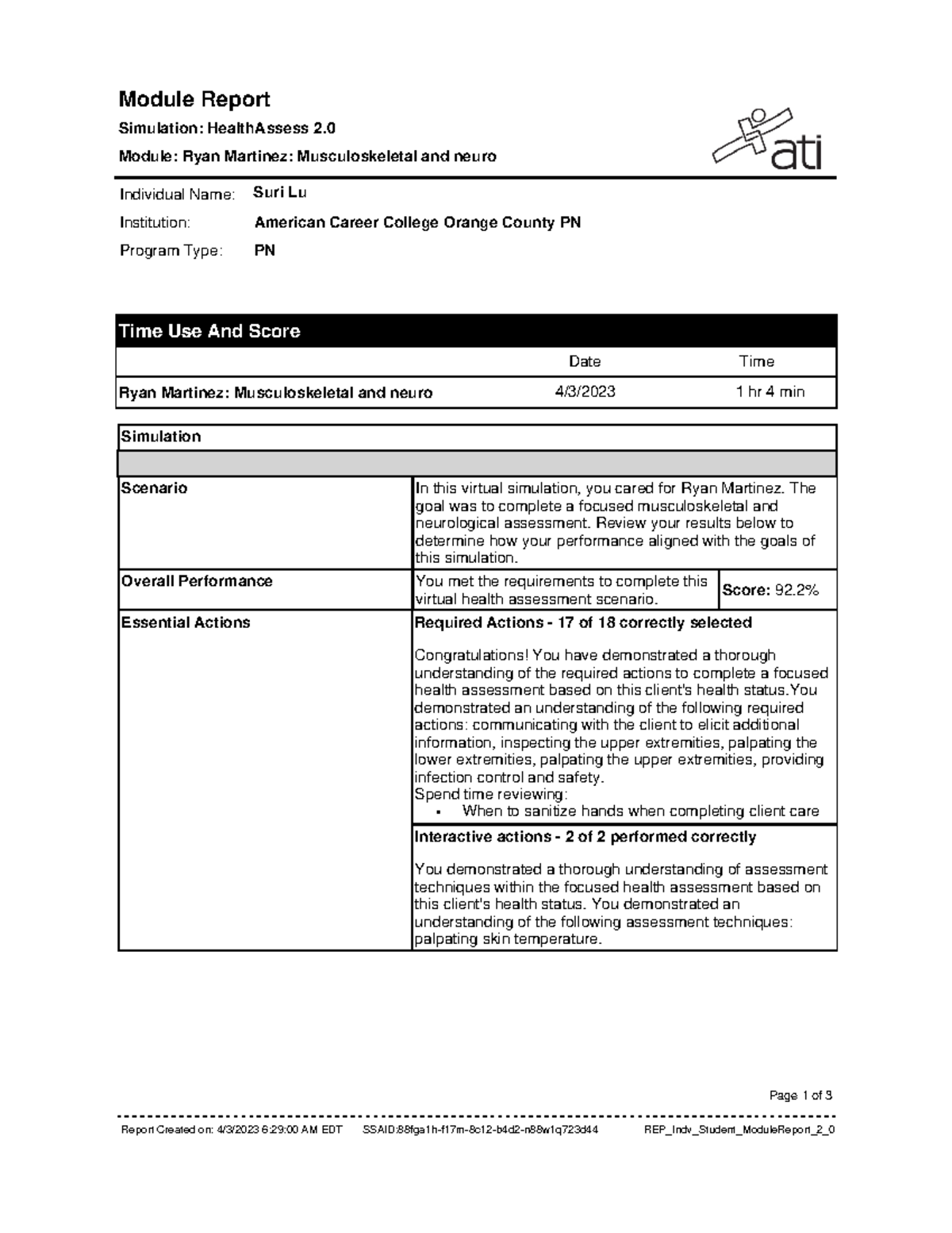 ATI Report: Ryan Martinez - Musculoskeletal & Neuro Assessment - Studocu