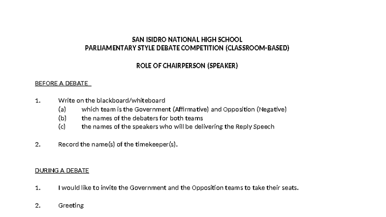 Classroom Debate Chairperson Script: Role & Guidelines for G12 - Studocu
