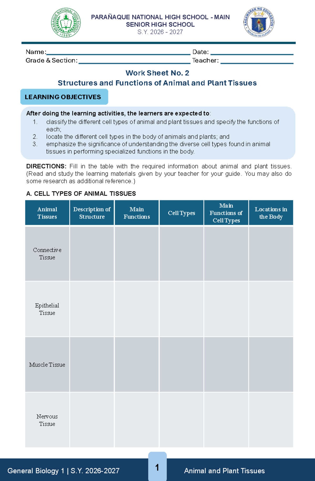 Genbio 1: Worksheet on Structures & Functions of Animal and Plant ...