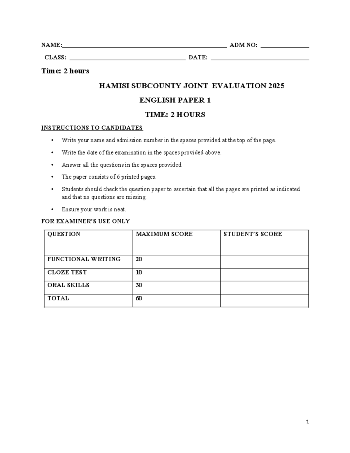 Hamisi Subcounty Joint Evaluation 2025: English Paper 1 - Studocu
