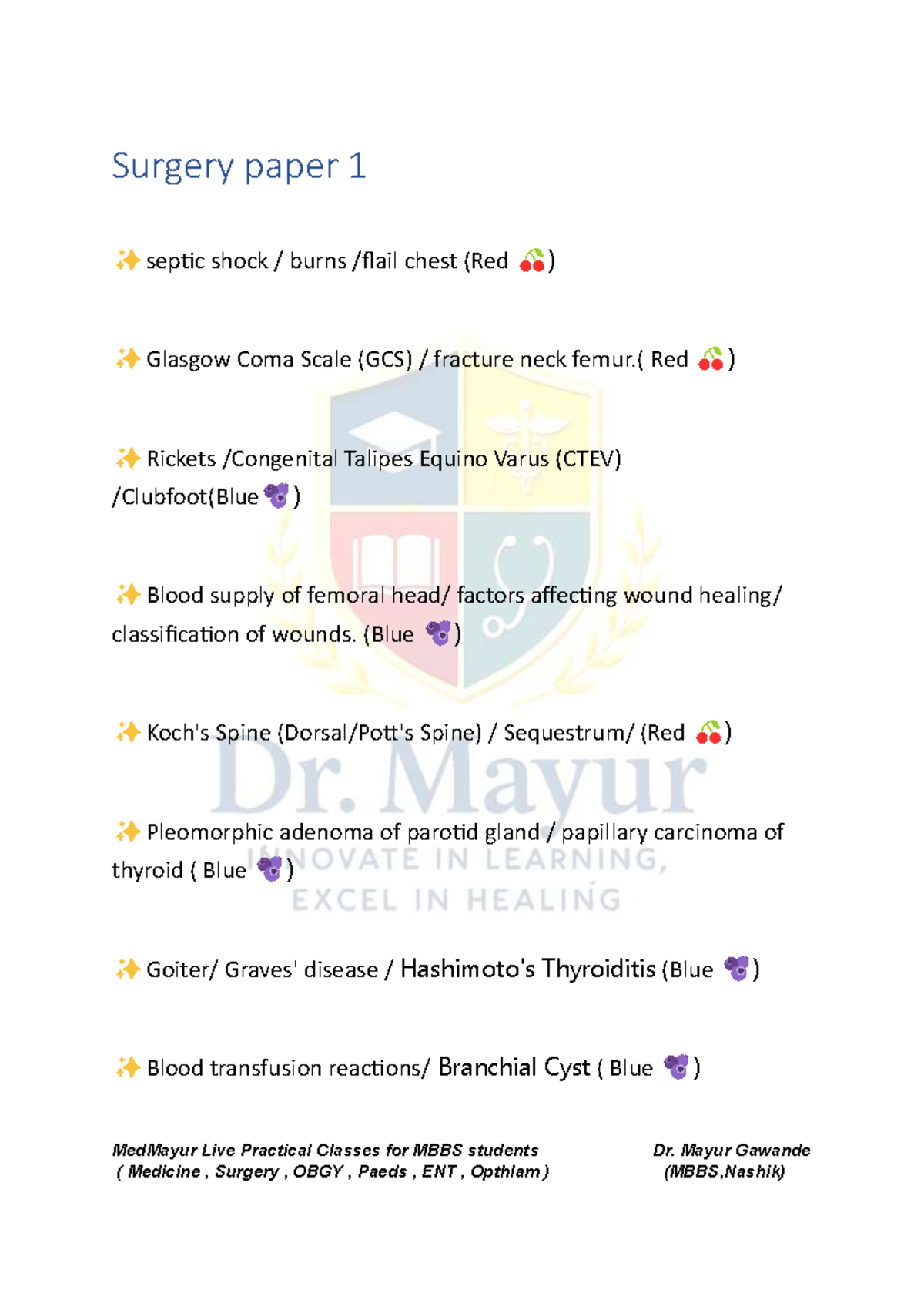 Surgery Paper 1: Red & Blue Topics Overview for MBBS Students - Studocu
