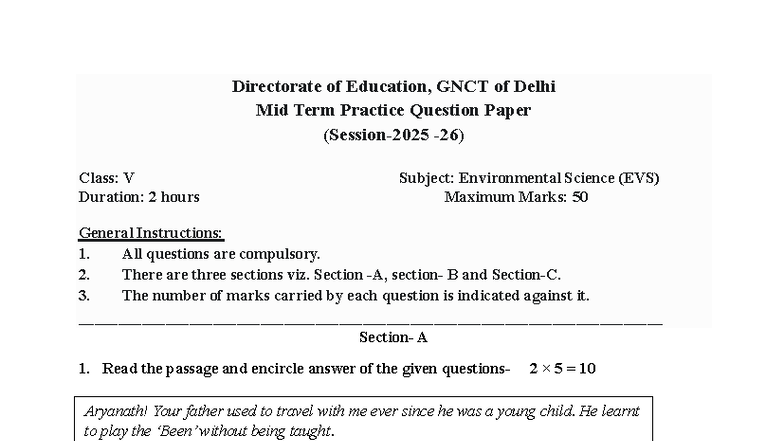 Class 5 EVS Mid Term Practice Question Paper - Model Paper - Studocu