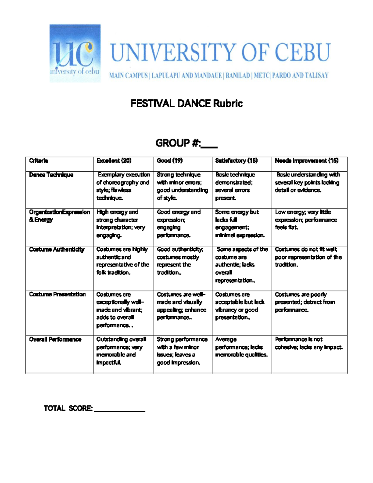 Festival Dance Evaluation Rubric for Group Performance - Studocu