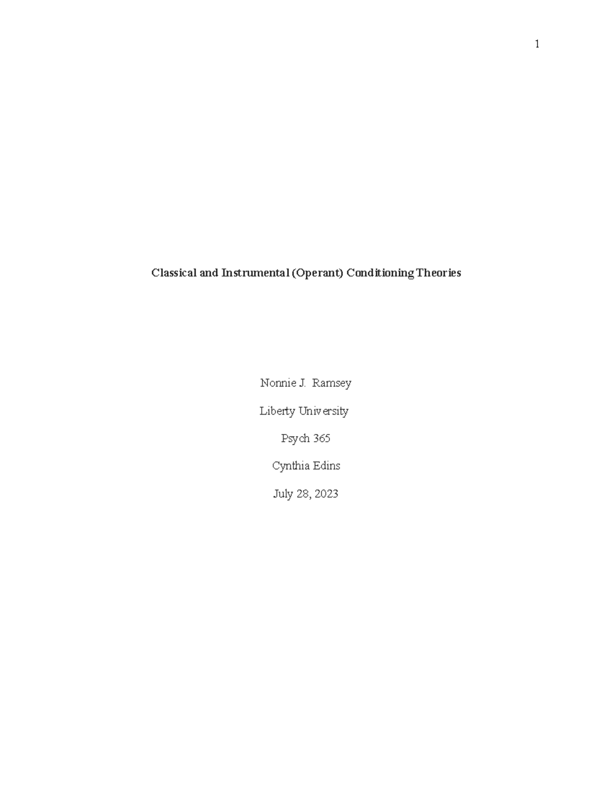 Final Classical - Essay - Classical and Instrumental (Operant) Conditioning Theories Nonnie J ...