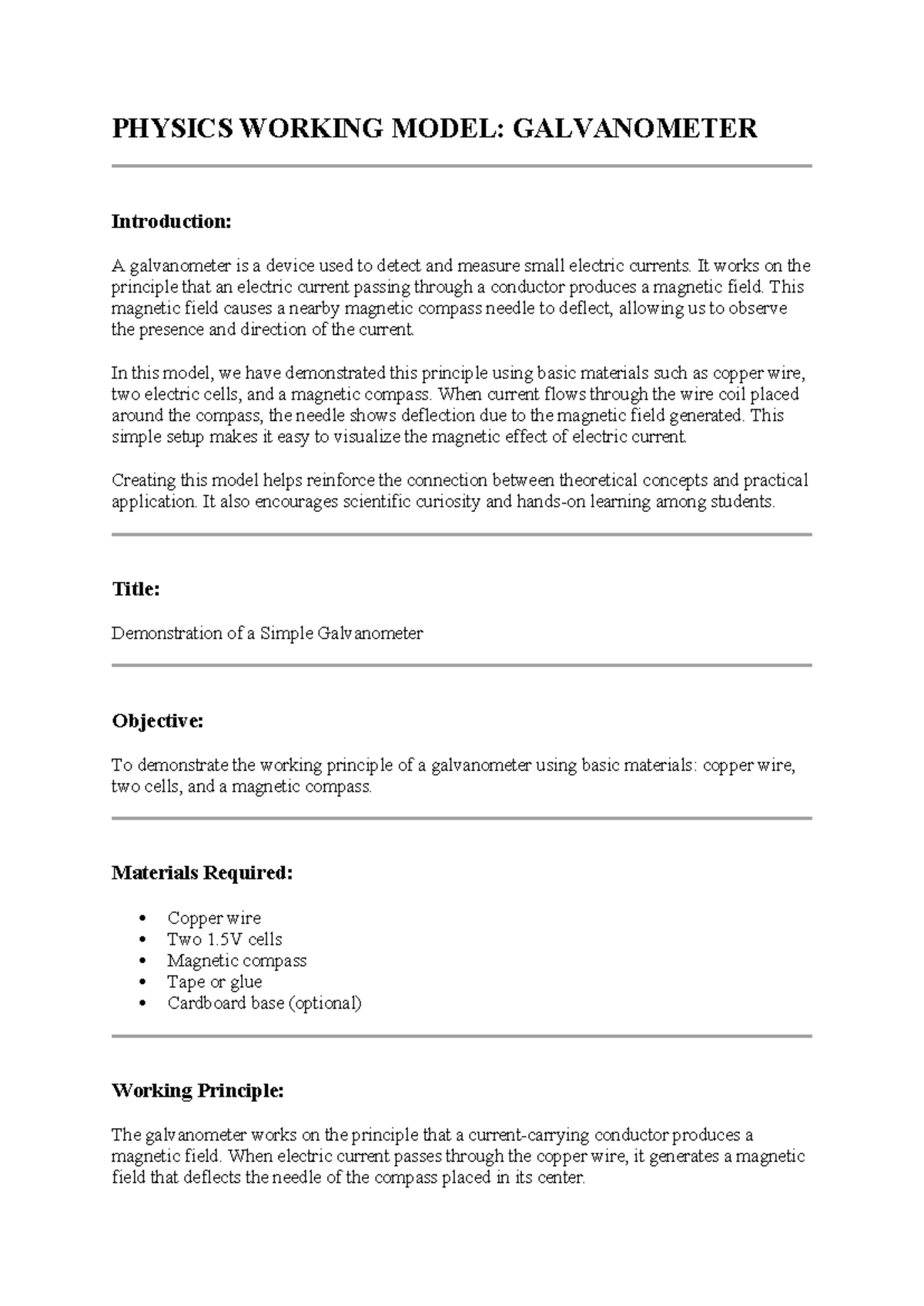 PHYSICS WORKING MODEL: GALVANOMETER PROJECT FOR CBSE CLASS 12 - Studocu
