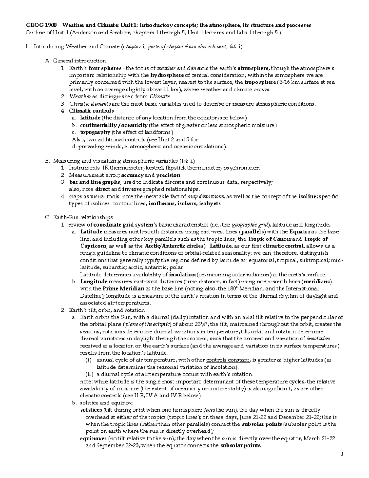 GEOG 1900 Weather & Climate: Unit 1 Outline - Intro to Atmosphere ...