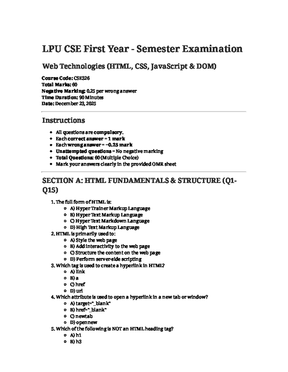 LPU CSE326 First Year Web Technologies Exam Paper (HTML, CSS, JS) - Studocu