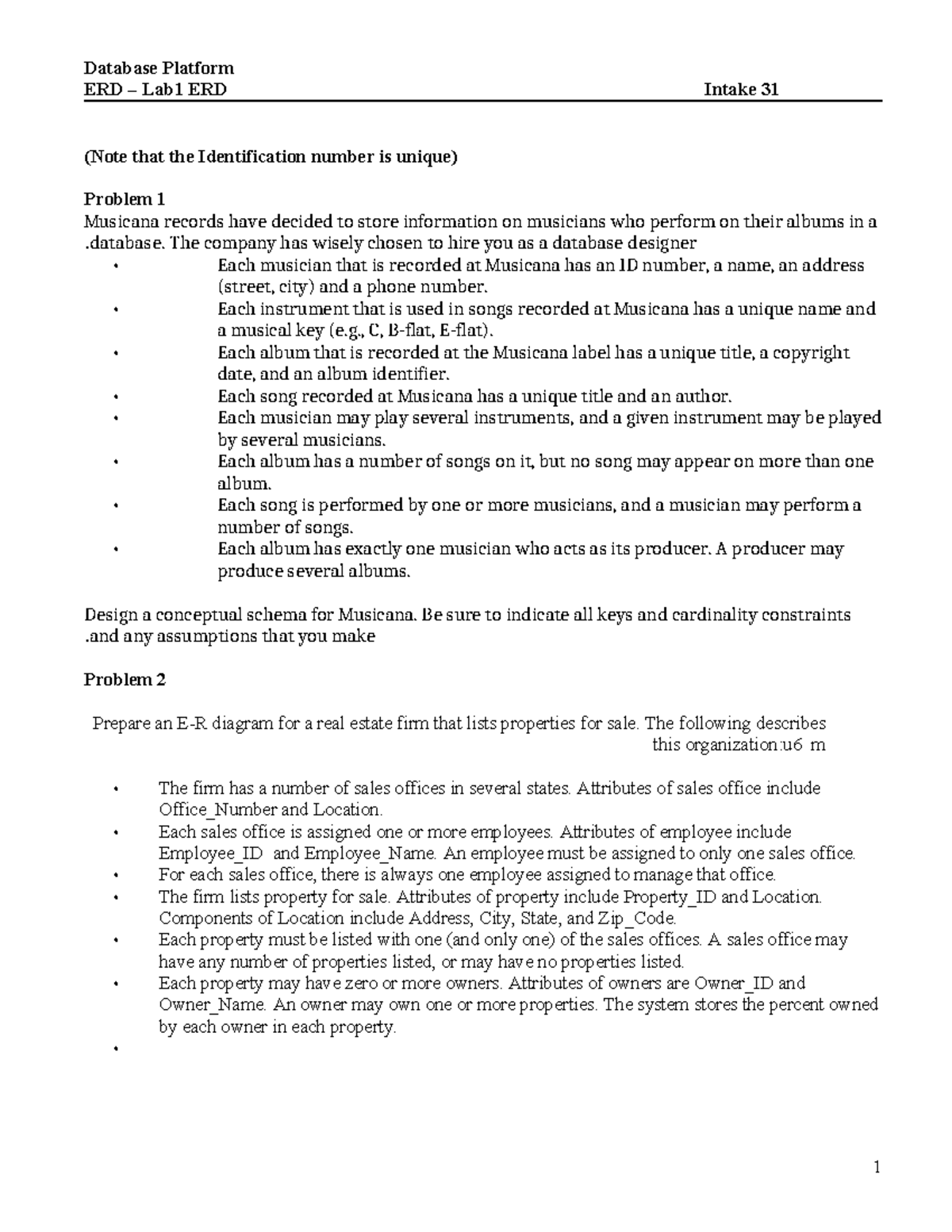 DB Lab1: ERD Design for Musicana Records & Real Estate Firm - Studocu