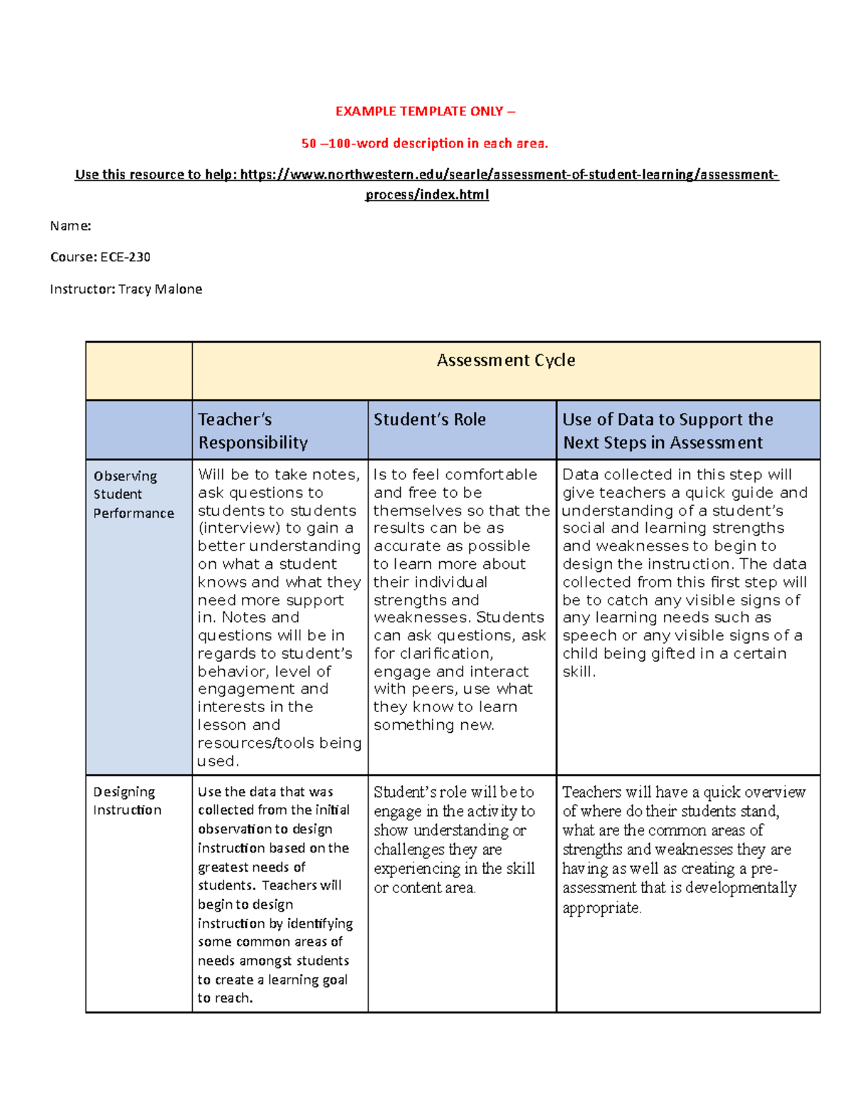 ECE 101 Assessment Cycle Template - Steps to Support Student Learning ...