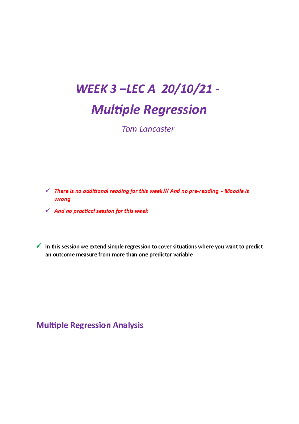Week 3 Notes (Lec A +B) Multiple Regression - WEEK 3 –LEC A 20/10/21 ...