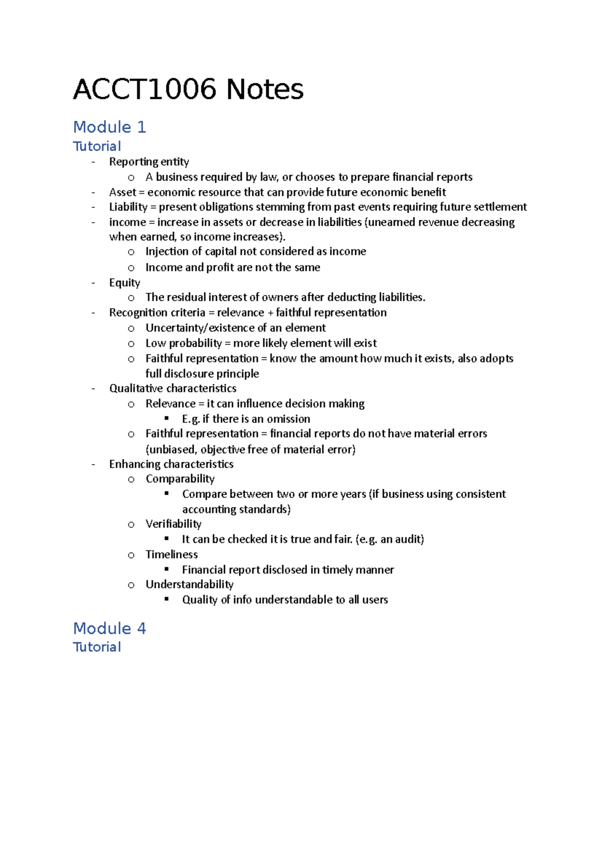 ACCT1006 Notes - idk - ACCT1006 Notes Module 1 Tutorial Reporting ...