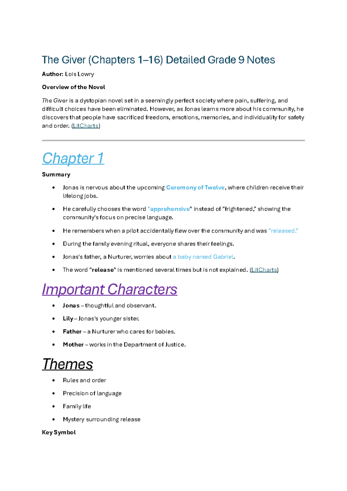 The Giver (Grade 9) - Detailed Chapter Notes and Analysis - Studocu