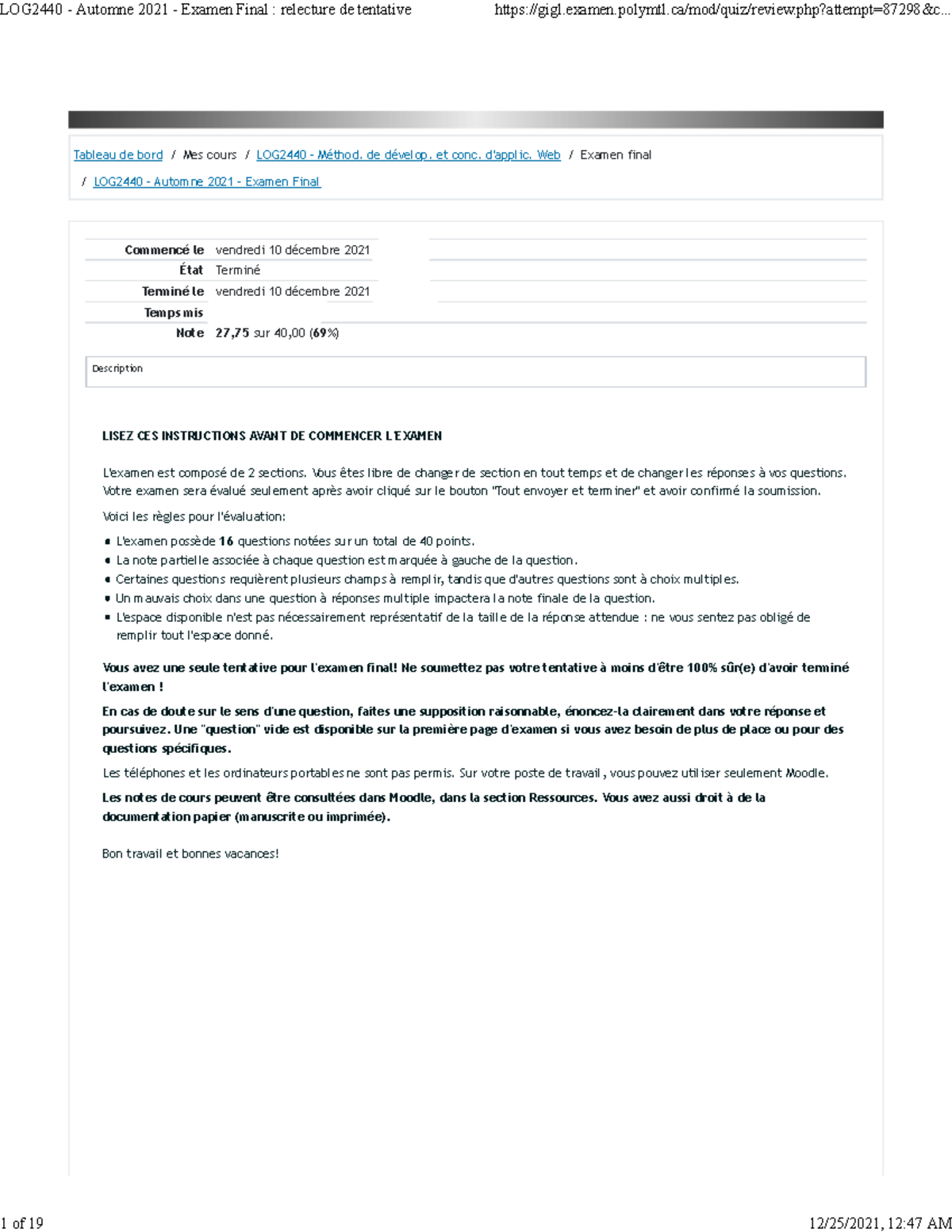 LOG2440 Automne 2021 Examen Final : Relecture de Tentative 1 à 19 - Studocu