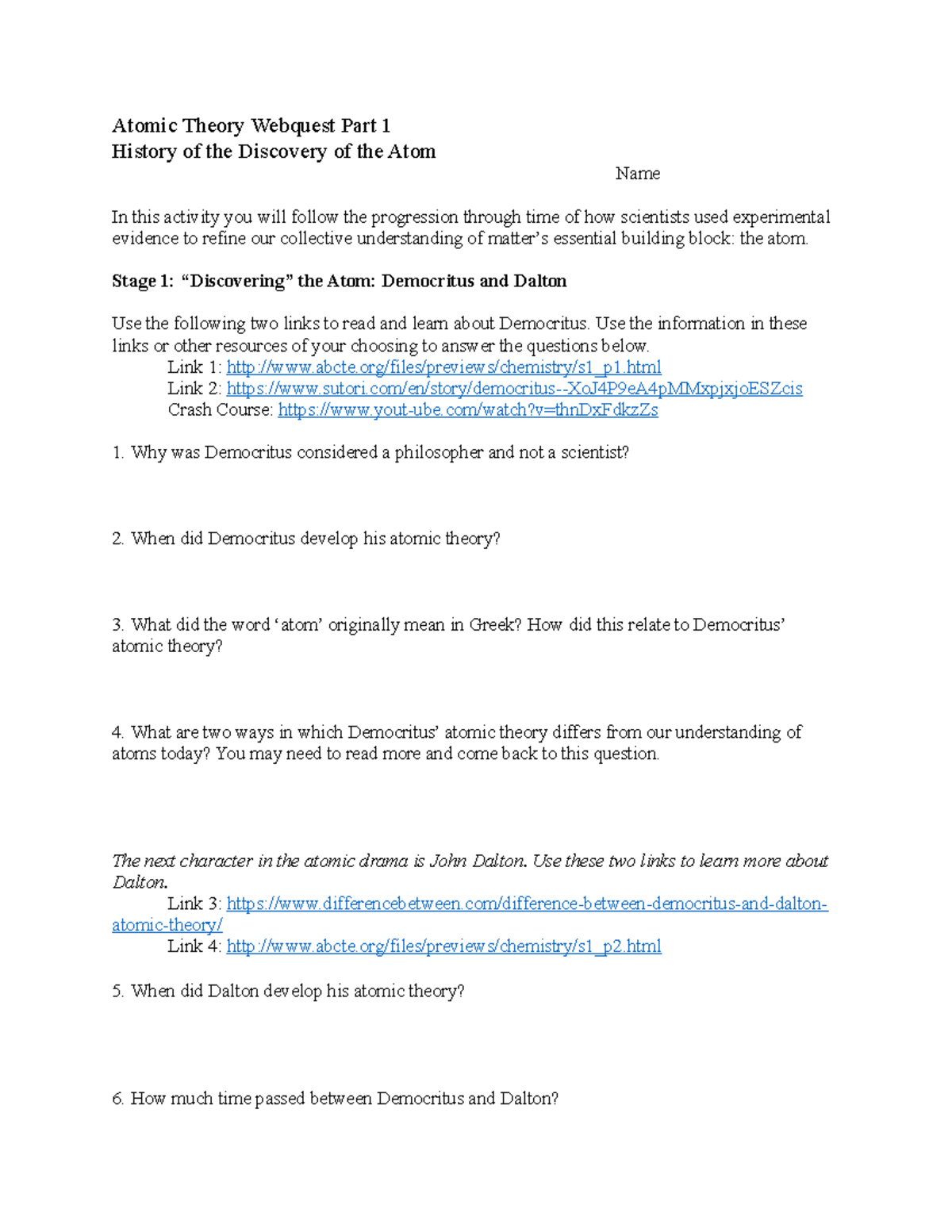 Atomic Theory Webquest Part 1: From Democritus to Chadwick - Studocu
