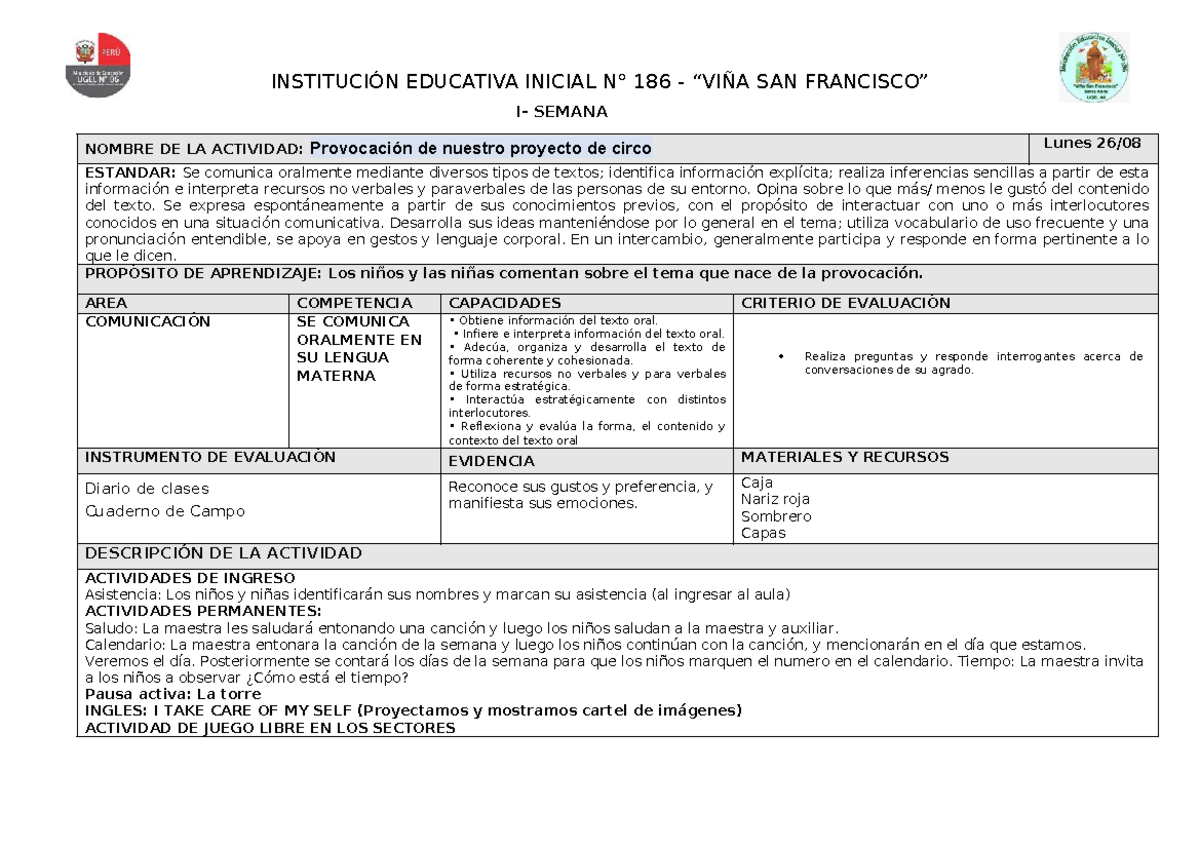 Proyecto DE Aprendizaje N° 9 EL Circo - I- SEMANA NOMBRE DE LA ACTIVIDAD: Provocación de nuestro ...