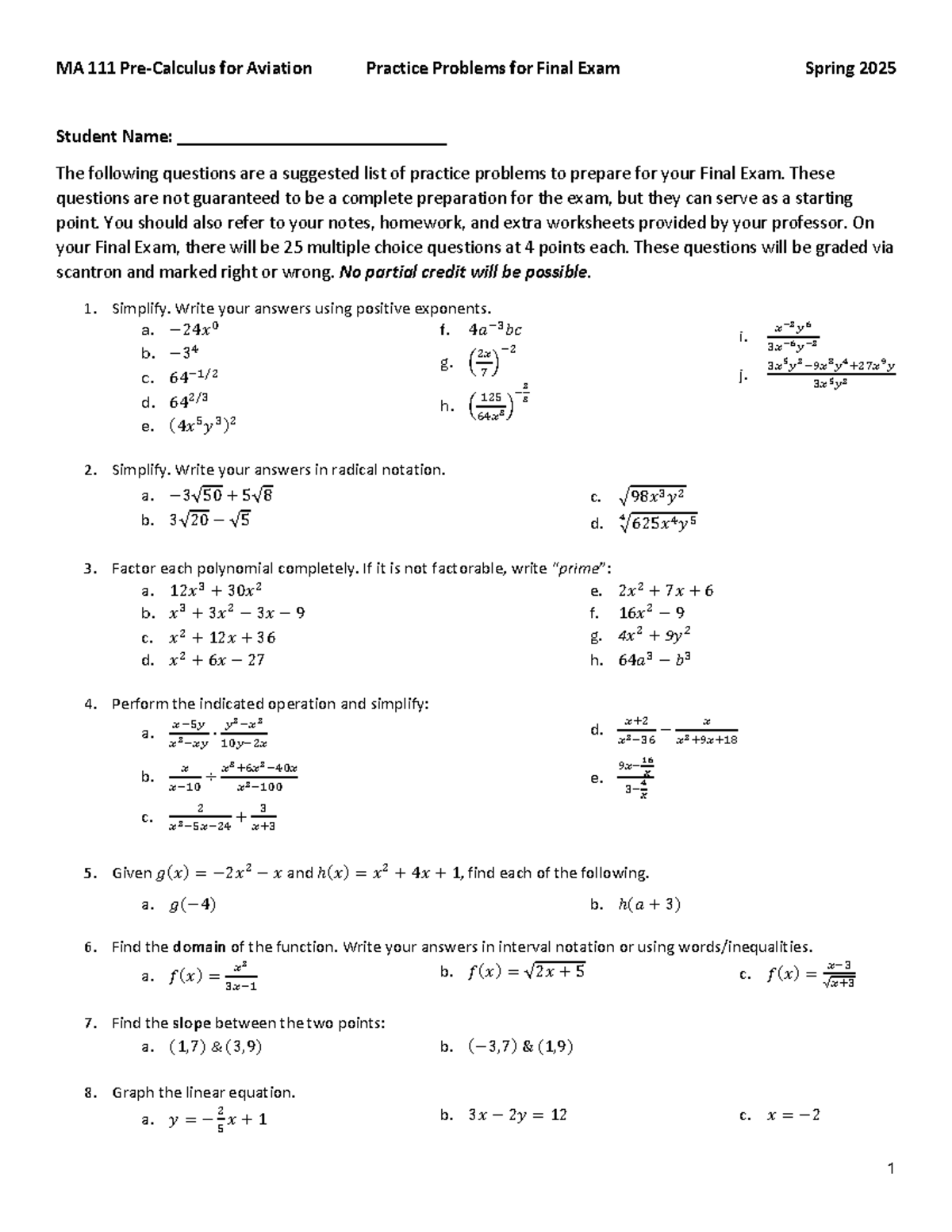 MA 111 Pre-Calculus for Aviation: Final Exam Practice Problems - Studocu