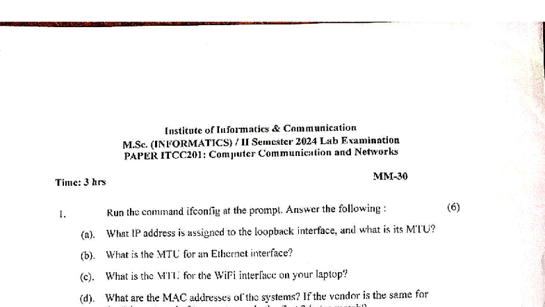M.Sc. (INFORMATICS) II Sem 2024 Lab Exam PYQ - Computer Networks & DB Systems - Studocu