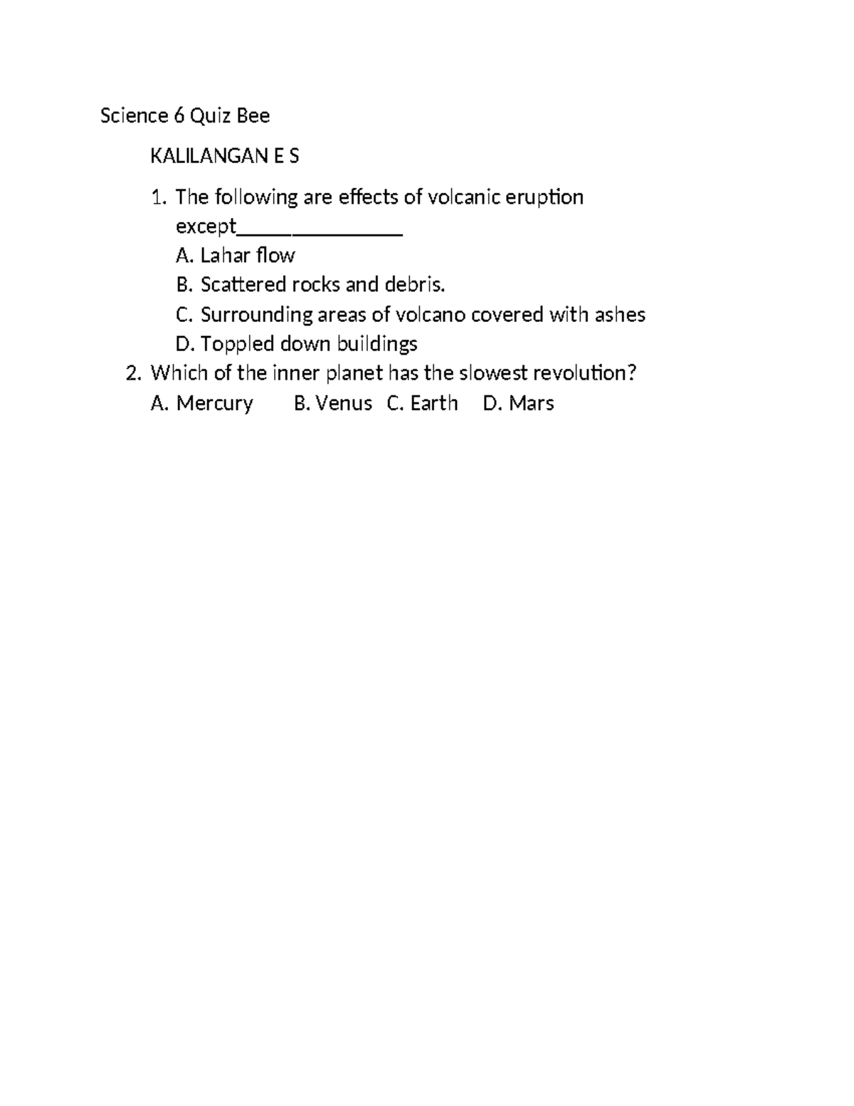 Science 5 Quiz Bee Final Exam: Volcanic Effects & Math Questions - Studocu