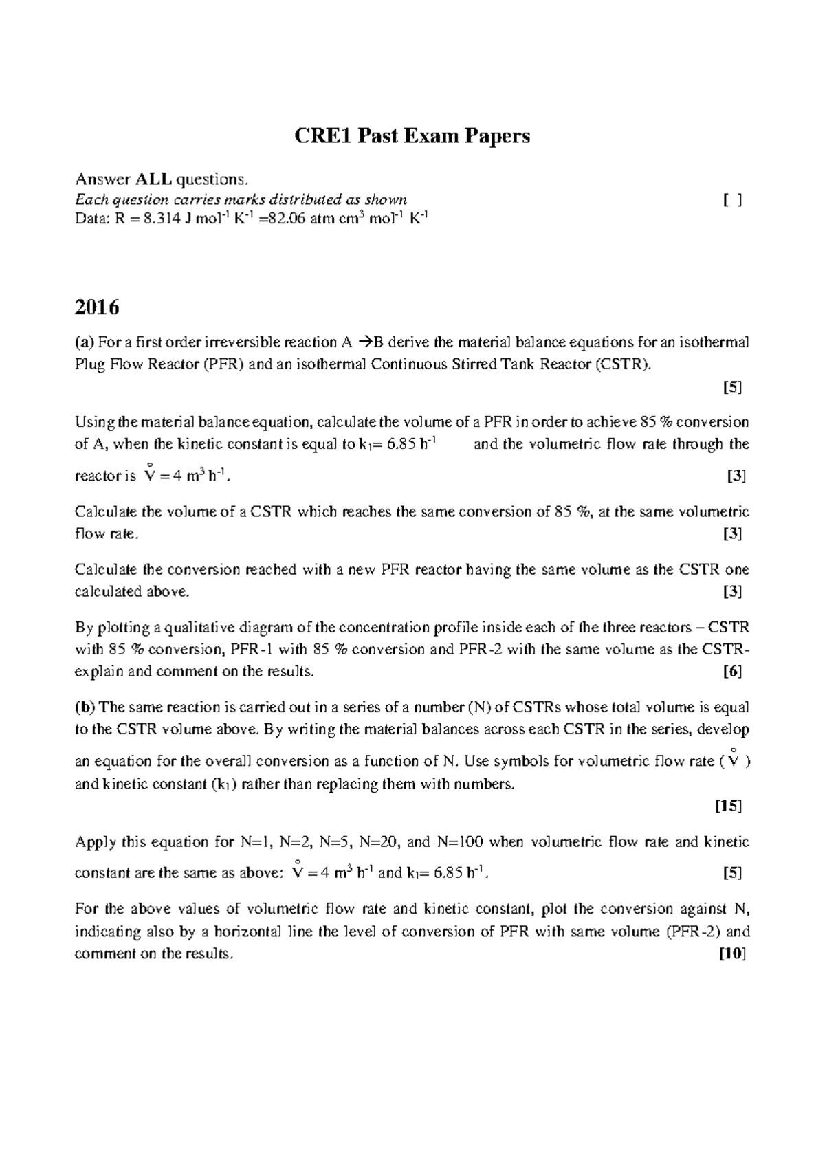 CENG0012 Past Exam Papers: Reactor Design and Conversion Calculations ...
