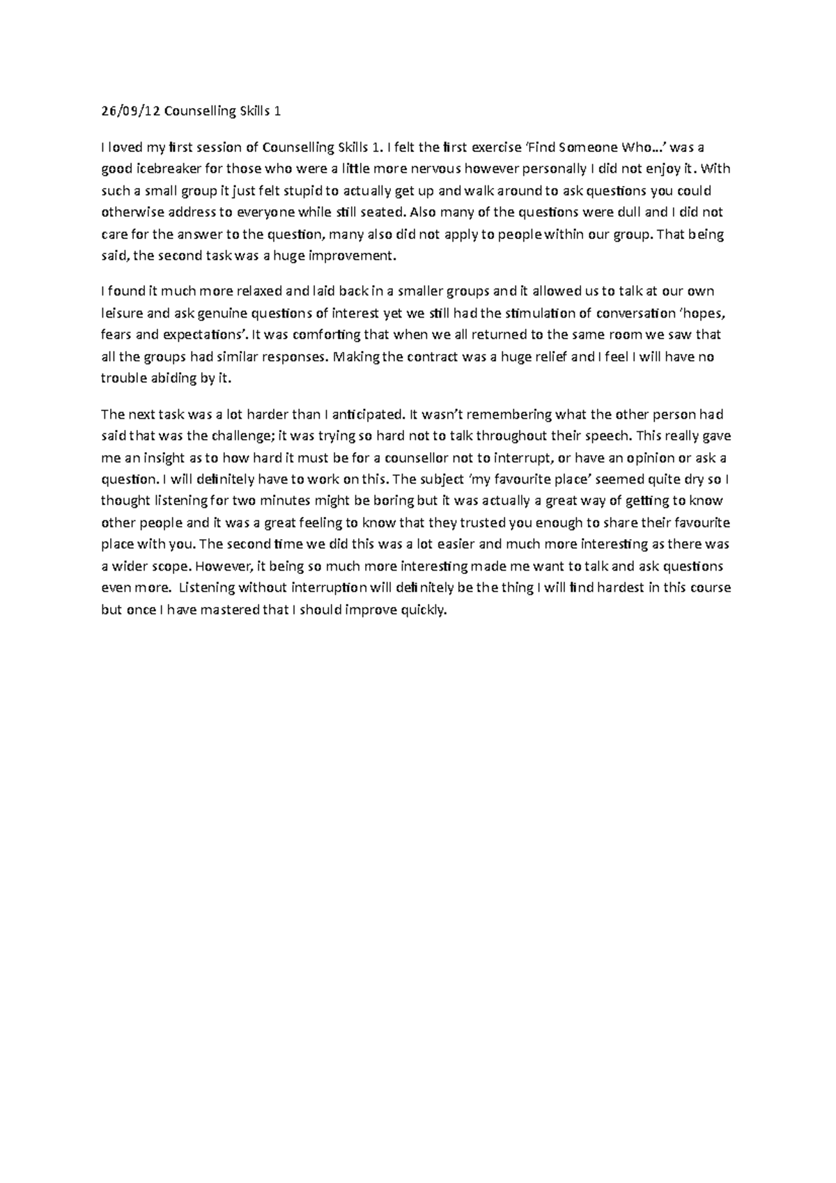 Counselling Skills 1: Learning Log Reflection and Insights - Studocu