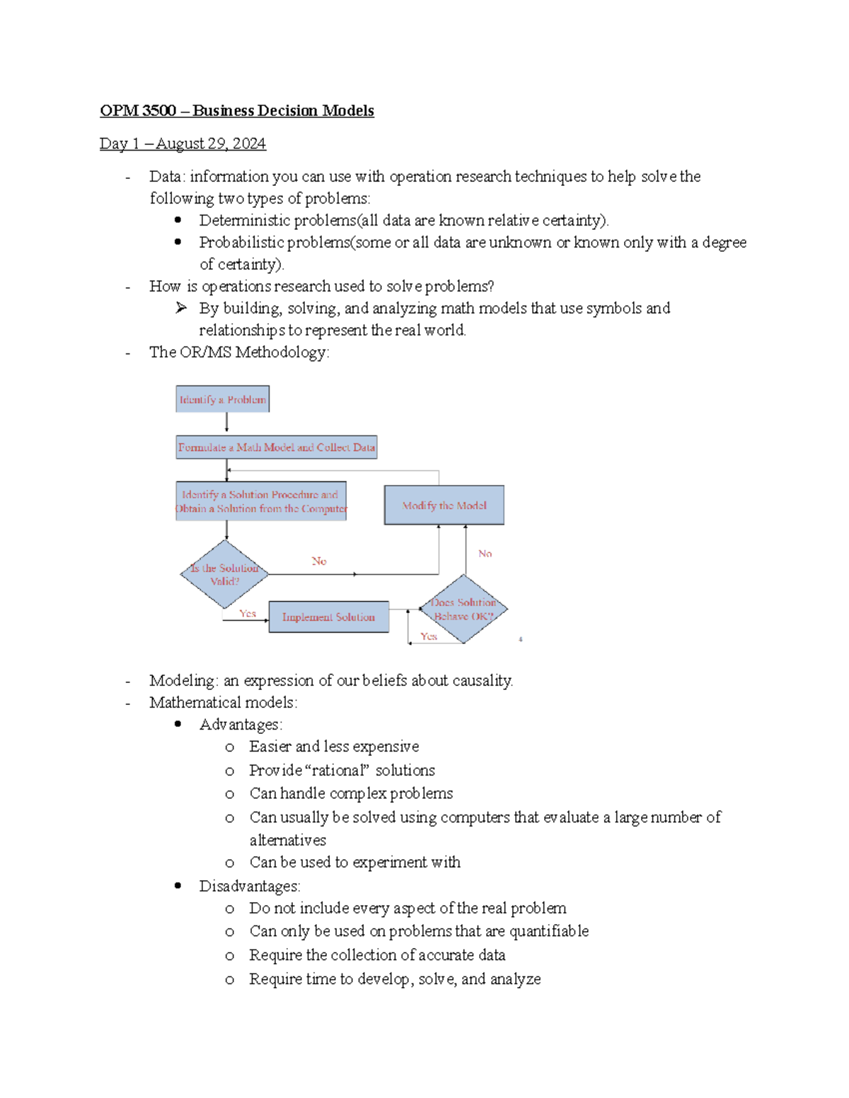 OPM 3500 - Class notes - OPM 3500 – Business Decision Models Day 1 ...