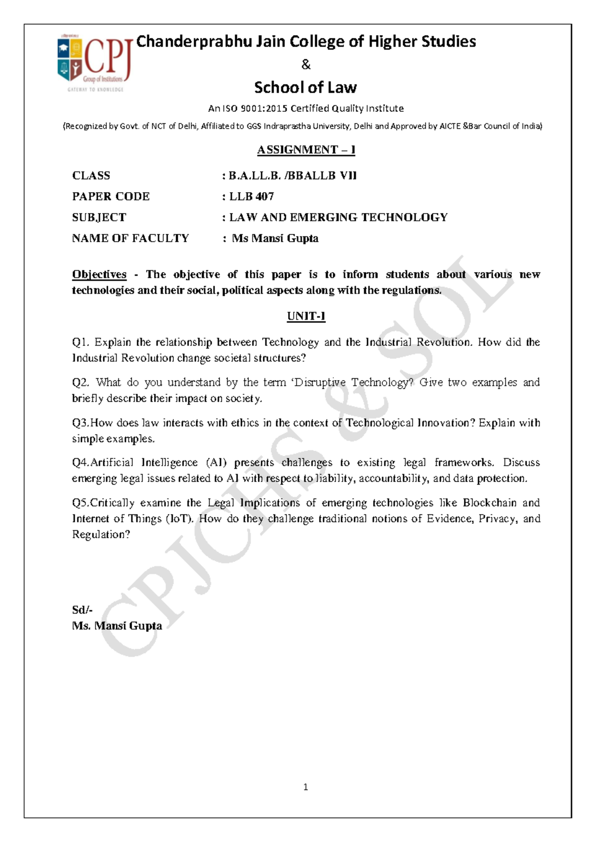 Assignment 1: LLB 407 - Law and Emerging Technology Analysis - Studocu