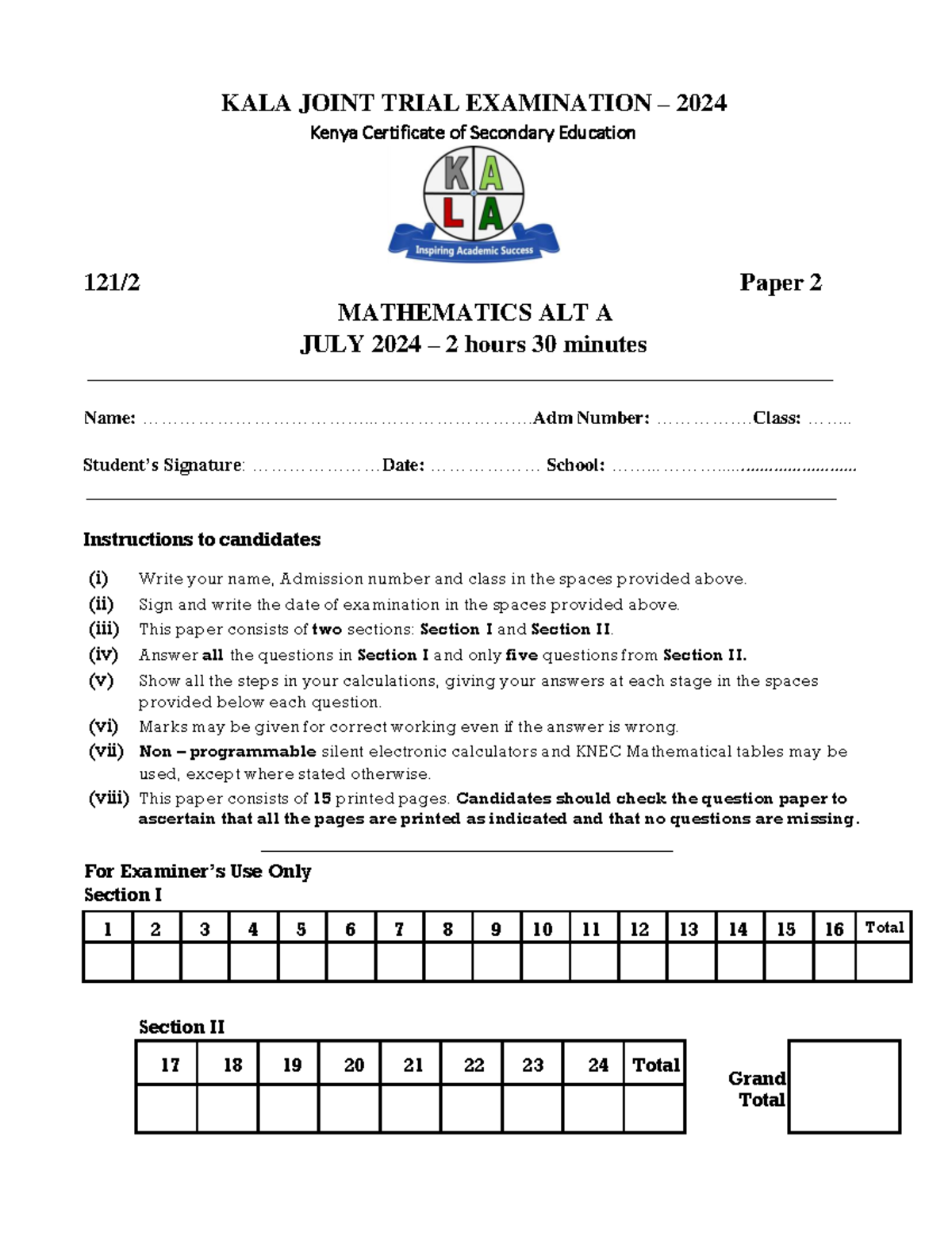 Maths P2 - KALA 2024 Trials - KALA JOINT TRIAL EXAMINATION – 2024 Kenya ...