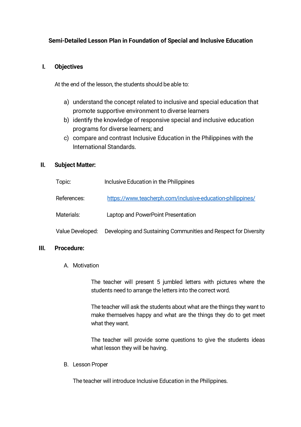 Semi-Detailed Lesson Plan in Fndtn of Spcl & Inclusive Ed - Studocu
