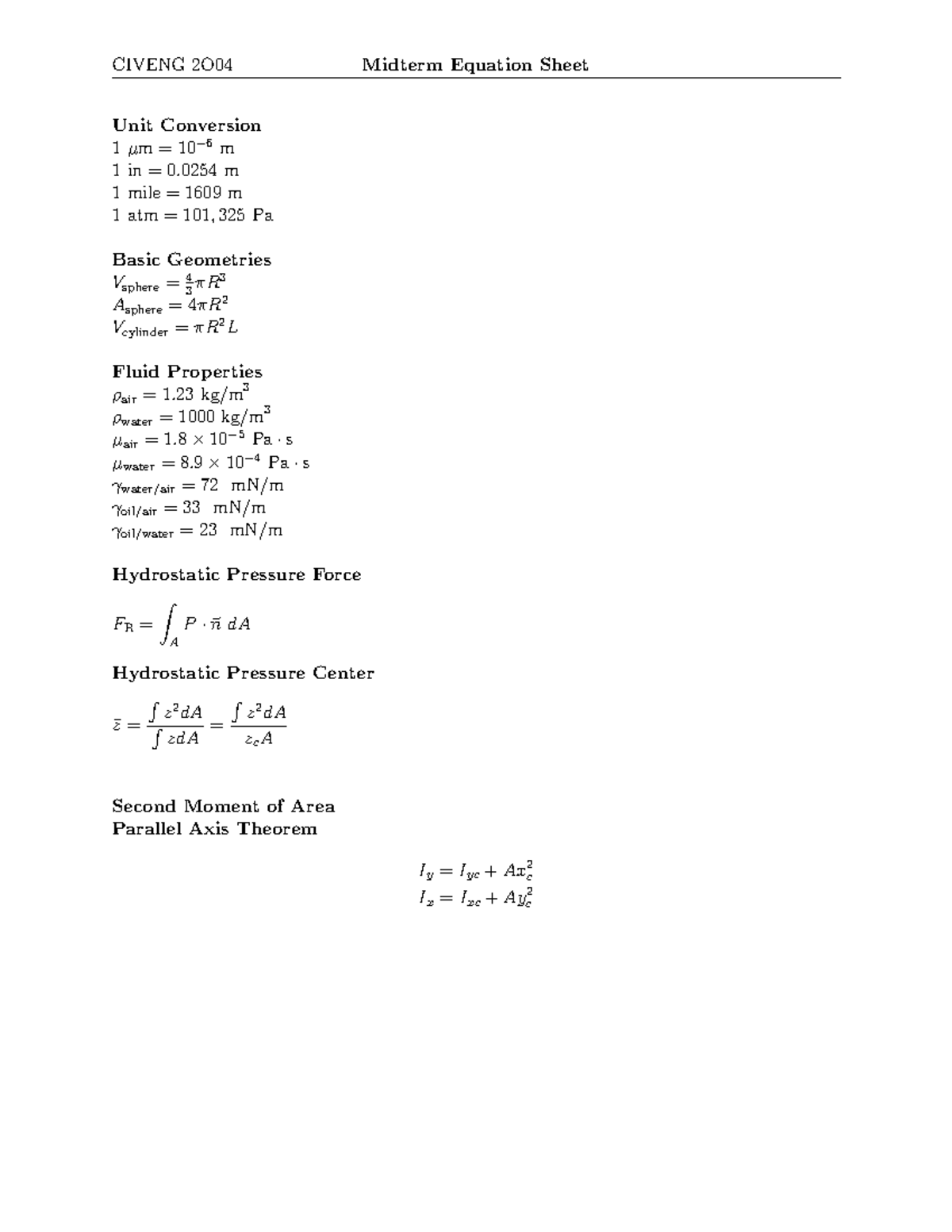 Midterm eqsheet - CIVENG 2O04 Midterm Equation Sheet Unit Conversion 1 ...
