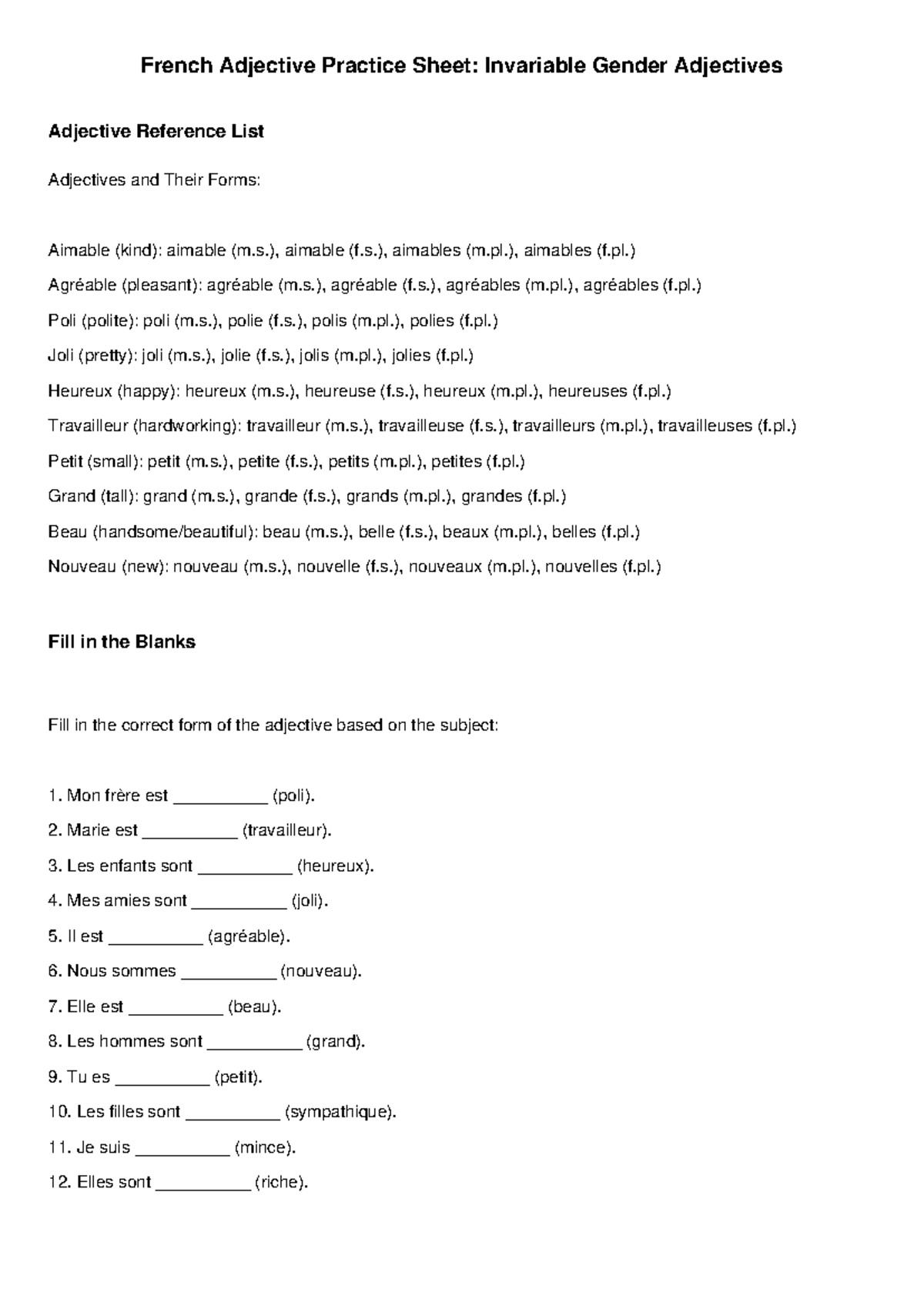 Final French Adjective Worksheet: Invariable Forms Practice - Studocu